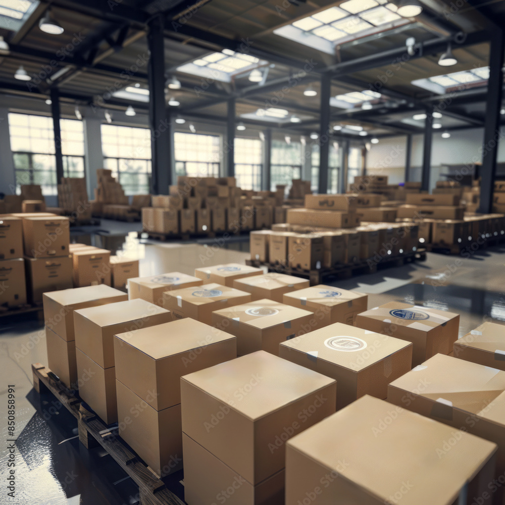 Interior view of a warehouse filled with stacked cardboard boxes on ...