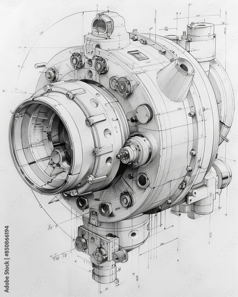 Detailed technical drawing of a complex mechanical device. Stock ...