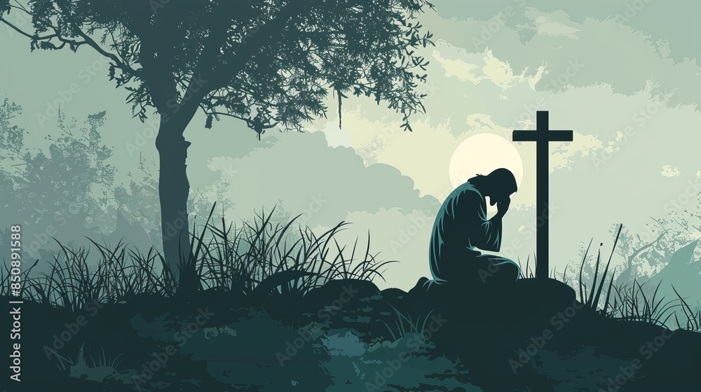 Silhouette of jesus praying and supplicating in gethsemane before ...