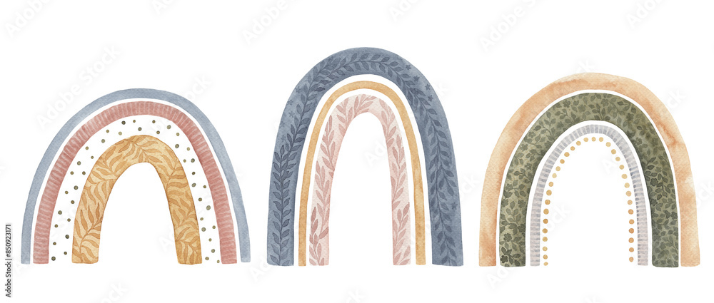 Boho rainbow set of three hand drawn watercolor illustration. Cute ...