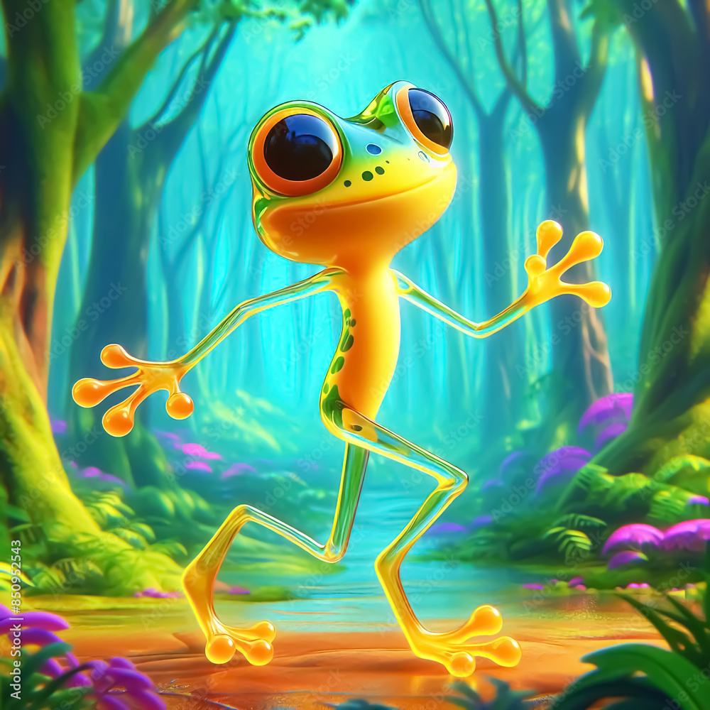 3D glass drawing of tall and thin yellow frog in forest. Funny ...
