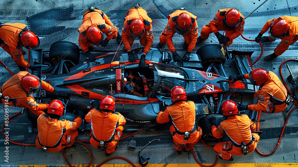 Professional pit crew ready for action as their team's race car arrives in the pit lane during a ...