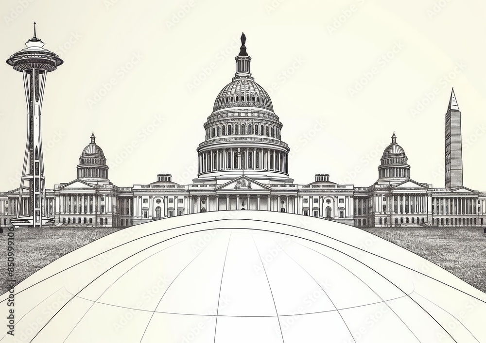 Architectural Seattle Landmarks Illustration in Classic Sketch Style ...