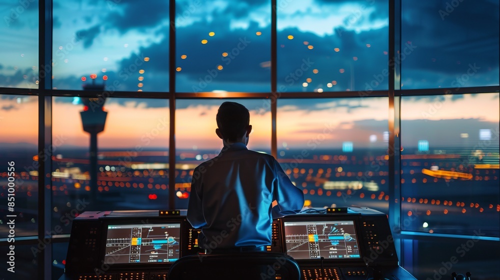 Air traffic controllers in a control tower, monitoring aircraft ...