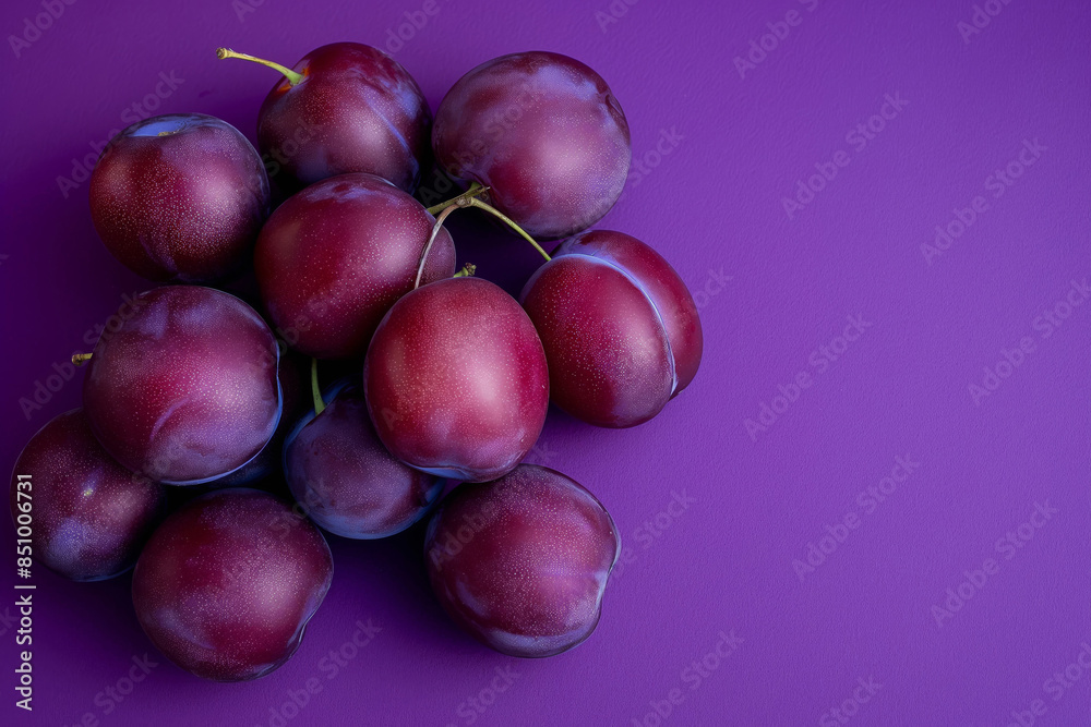 Bunch of juicy ripe plums carefully arranged on a vivid purple ...