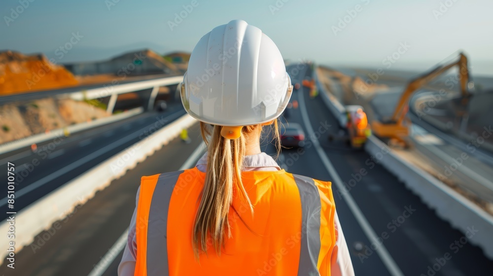 Woman civil engineer overseeing construction, white hard hat and vest ...