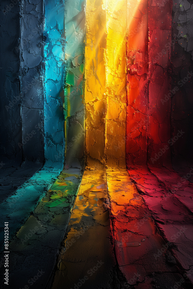 rainbow background, sun and rainbow colours bursting out of darkness ...