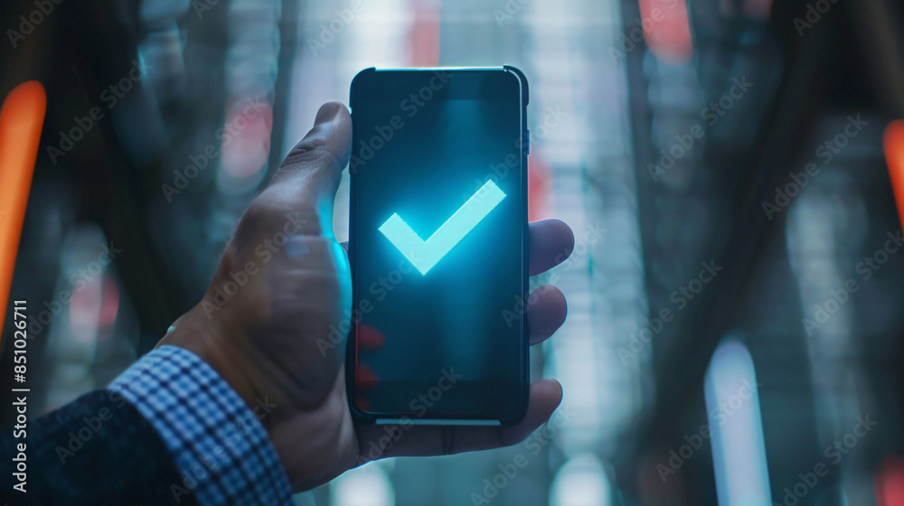 Businessman holding a phone displaying a check mark, symbolizing ...