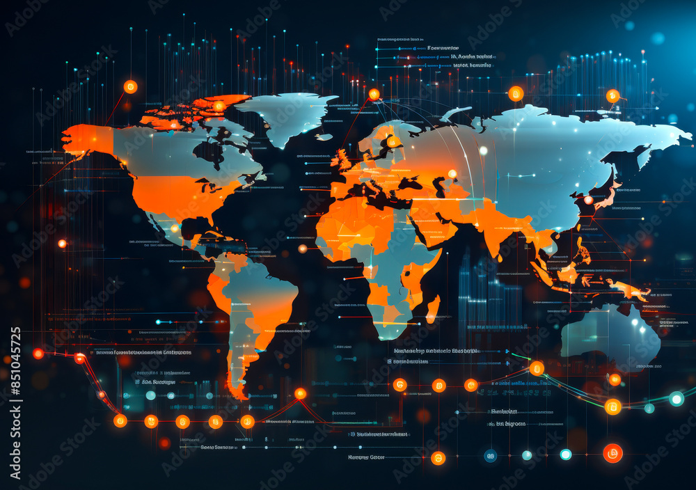 Futuristic digital supply chain analytics dashboard with graphs, maps and KPIs on multiple ...