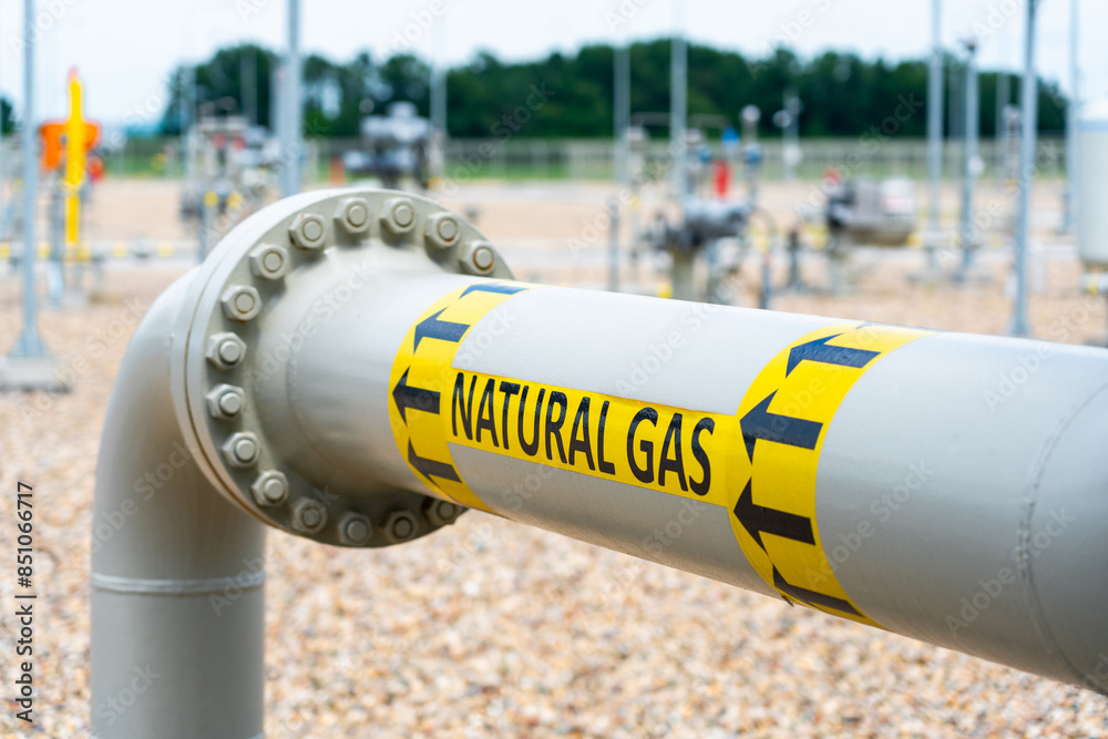 Gas pipeline system with high pressure and direction sign at compressor ...