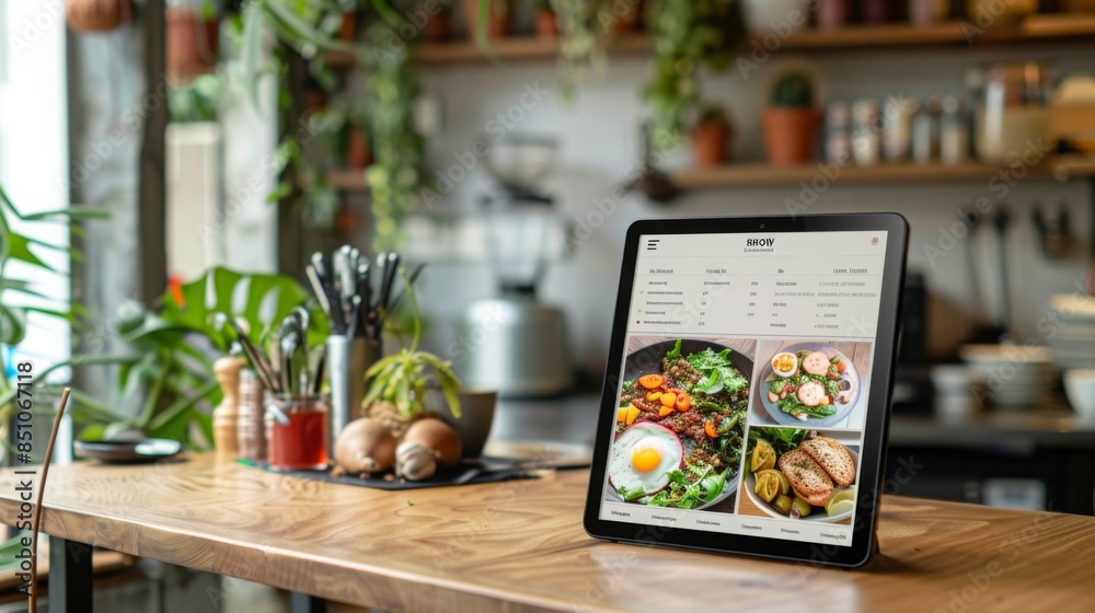 A tablet displaying a restaurant menu sits on a wooden table in a ...