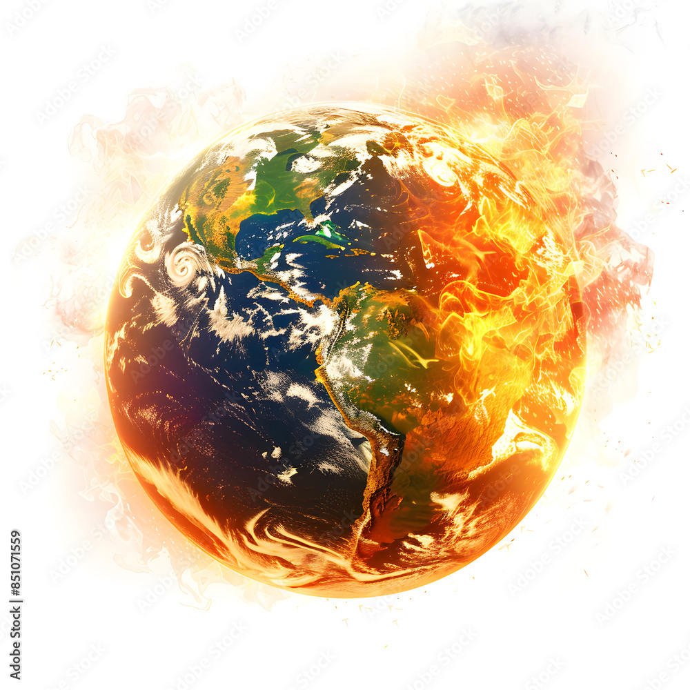 The image depicts a burning Earth globe with flames engulfing the right ...