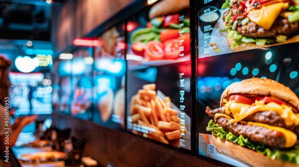A close-up shot of several digital menu displays showcasing various ...