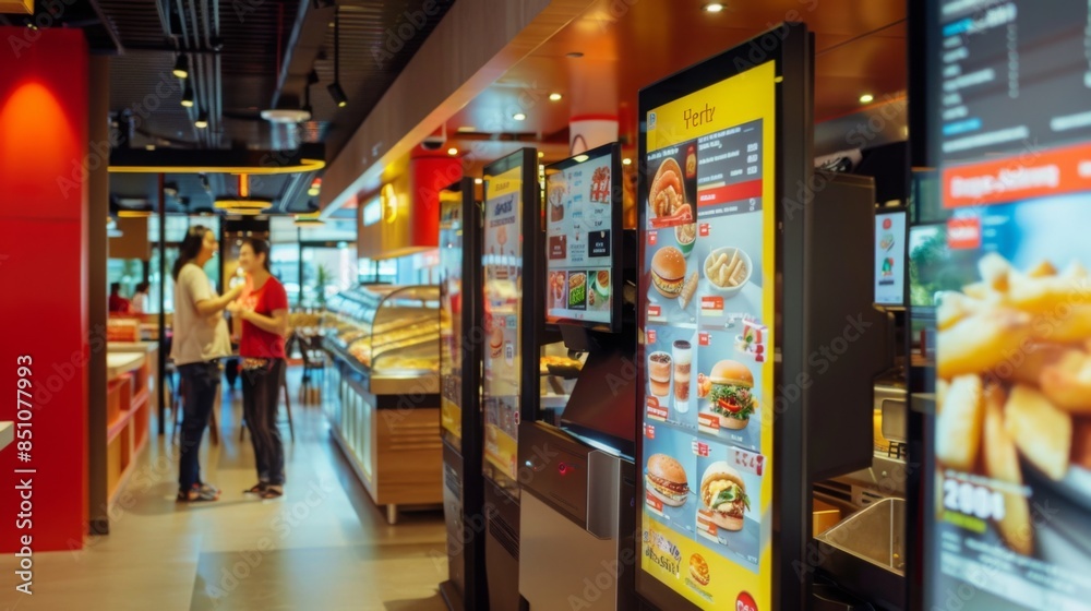 Fast food restaurant with digital menu displays showing burgers and ...