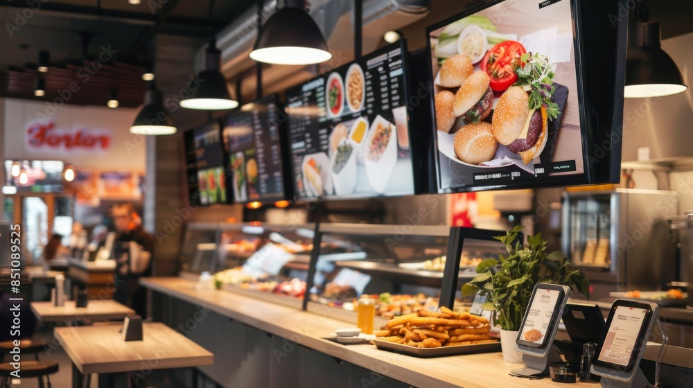 A modern fast food restaurant with a clean counter displaying burger ...