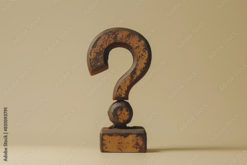 Aged, rusty question mark sculpture poised elegantly against a warm ...