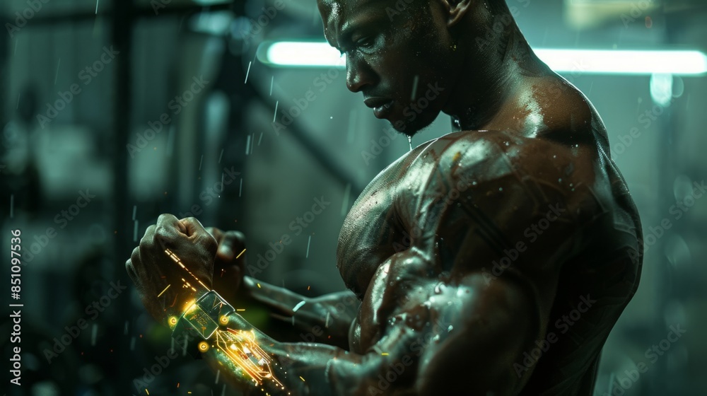 A muscular man exercises in a gym with rain falling around him. He ...