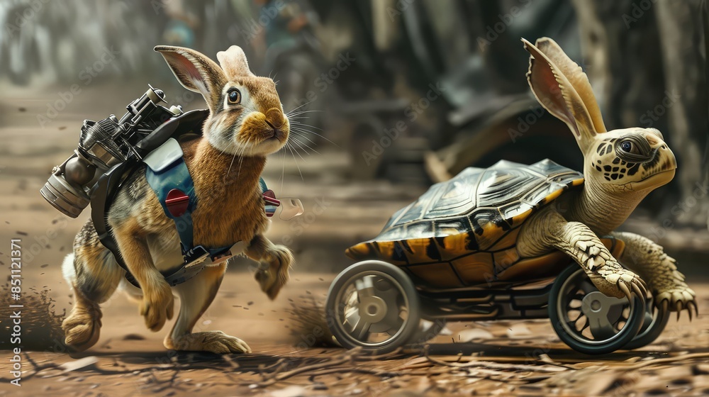 Turtle hare race with turtle wearing a jet pack and wheels. Rabbit ...