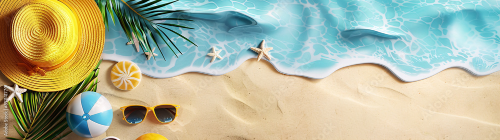 Sand beach background banner design, summer yellow hat, beach ball ...