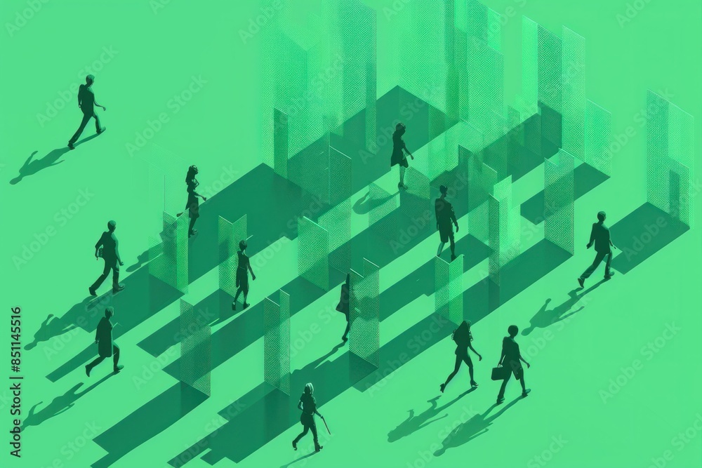 Group of people walking in front of a green background with words the ...