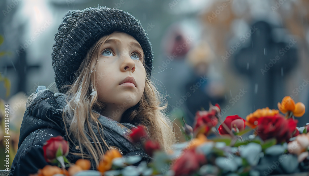Girl with flowers at a cemetery. Child mourning and remembrance concept ...