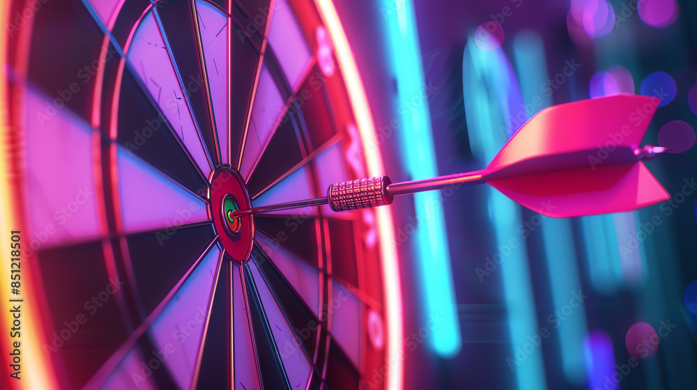 Close-up of a dart hitting the bullseye on a dartboard with vibrant ...