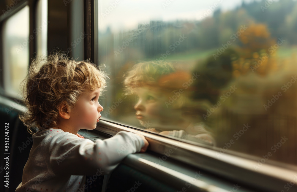 A little boy looks out the window of a train. He is sitting on his ...