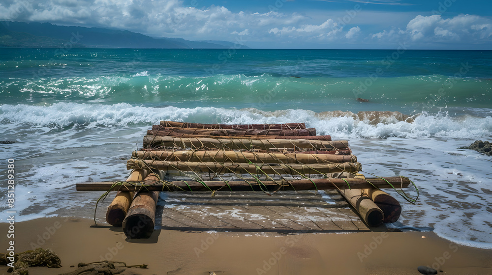 A makeshift raft being constructed from logs and vines, laid out on the ...