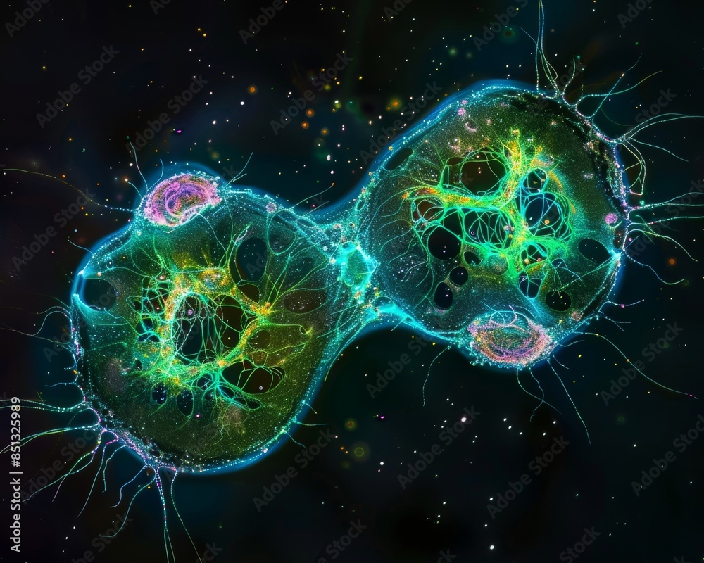 A vibrant depiction of the fluorescent cell division process ...