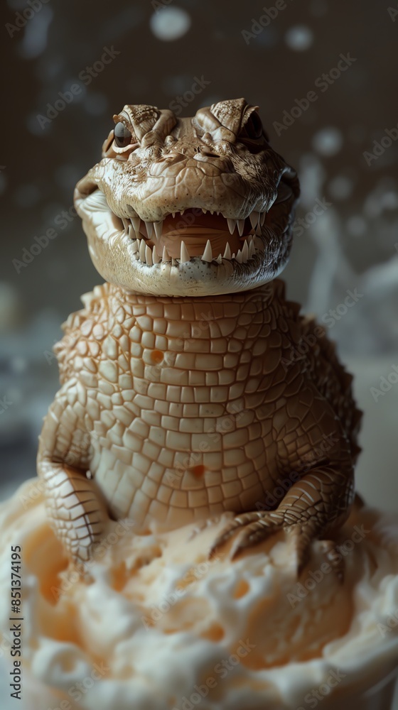A close-up shot of a crocodile or alligator model standing in what ...