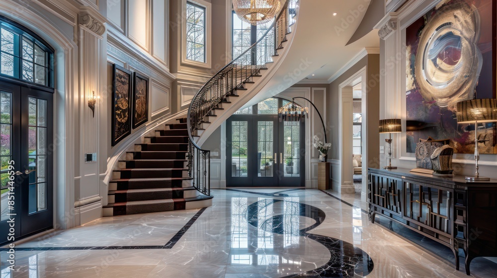 elegant front hall with a sculptural staircase, designer lighting, and ...