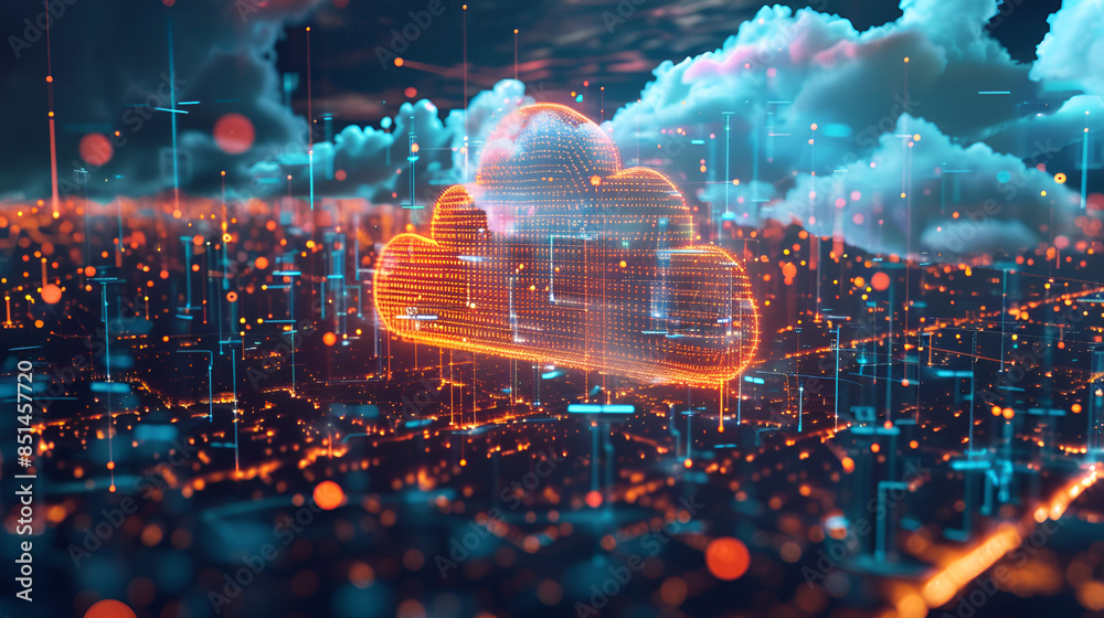 Digital informational technology web futuristic hologram with cloud icon, blue golden light ...