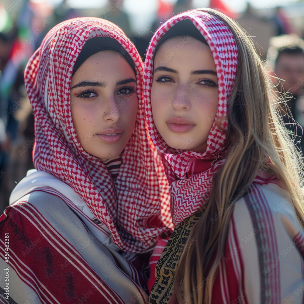 two middle eastern arabic female models, wearing traditional ...