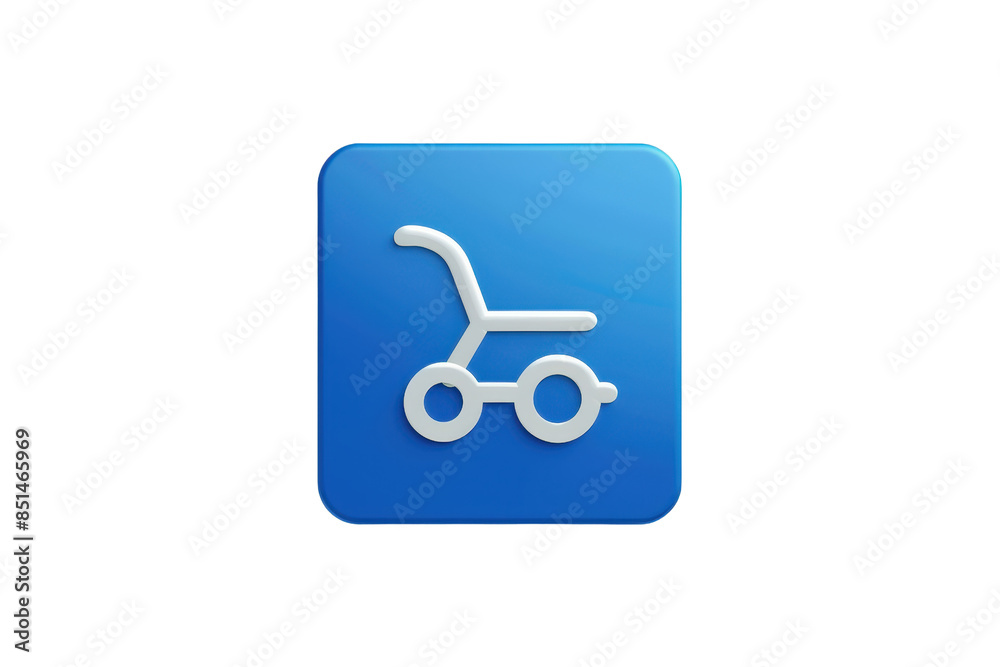 Blue rectangular icon featuring a baby stroller symbol in white. Modern ...