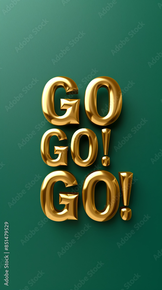 Golden 3D letters spelling "GO GO GO!" with an exclamation mark, set ...