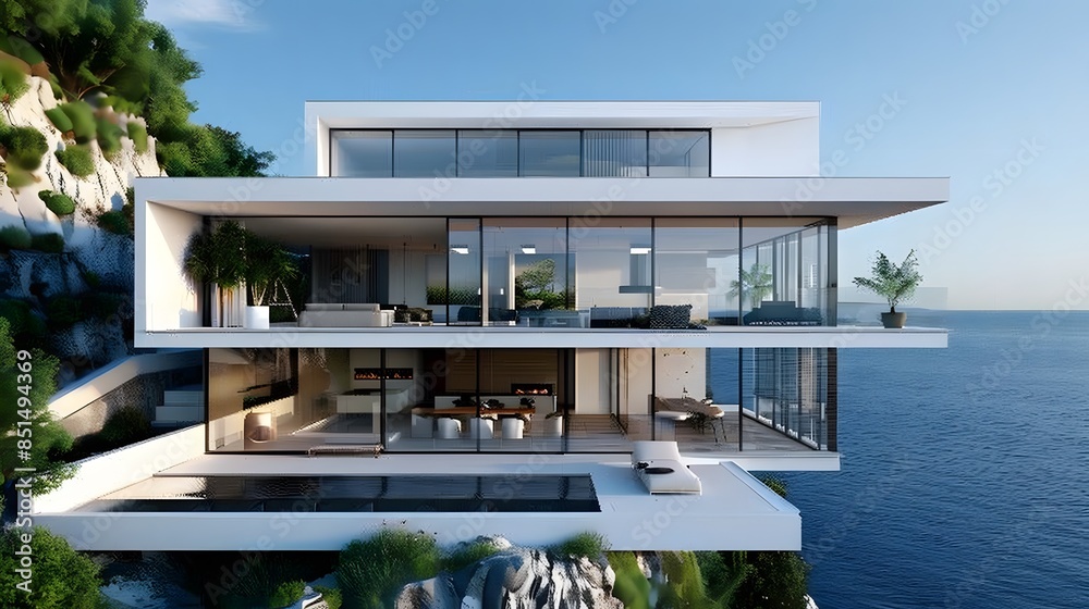 Modern house on the cliff, overlooking sea, large windows and balconies ...