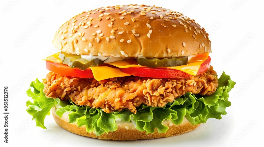 Crispy chicken sandwich flying toppings white background Stock ...