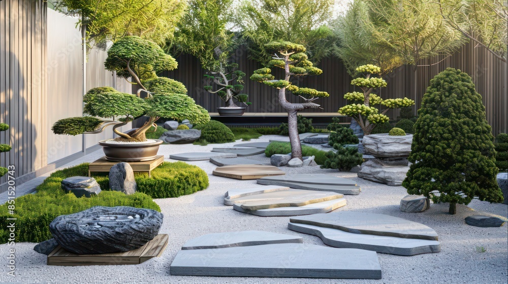 modern Zen garden with smooth stone pathways, minimalist sculptures ...