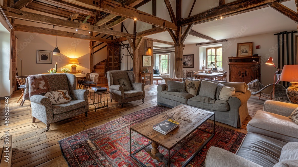 rustic barn conversion with original wooden beams, modern lighting, and ...