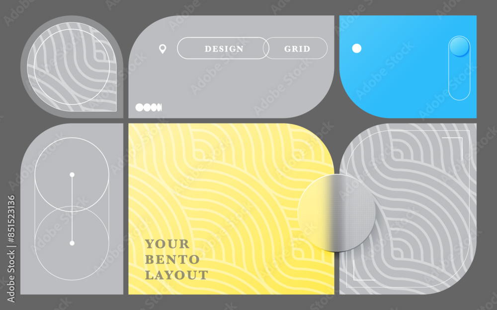 Bento grid layout with modern graphic design elements in gray color on dark background. Blue and ...