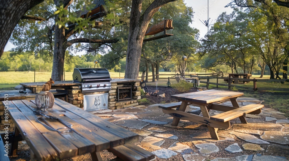 rustic outdoor barbecue area with a built-in grill, flagstone patio ...