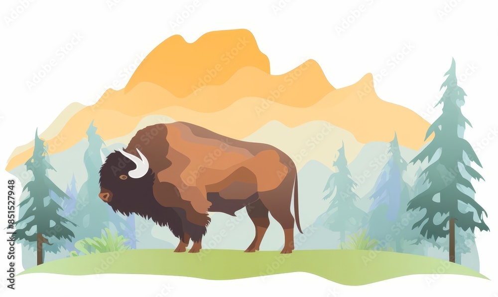 Bison paper craft flat design side view national park theme water color ...
