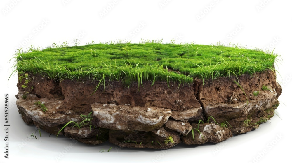 Round cross section of soil ground with green grass and earth ground ...