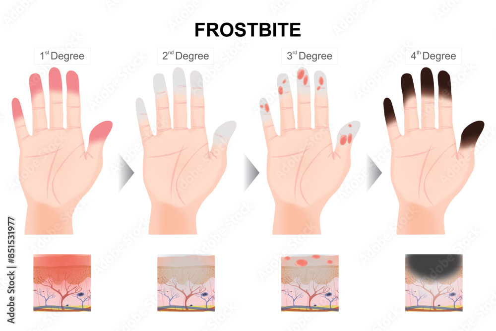 Frostbite 4-degree stages of hand illustration Stock Vector | Adobe Stock
