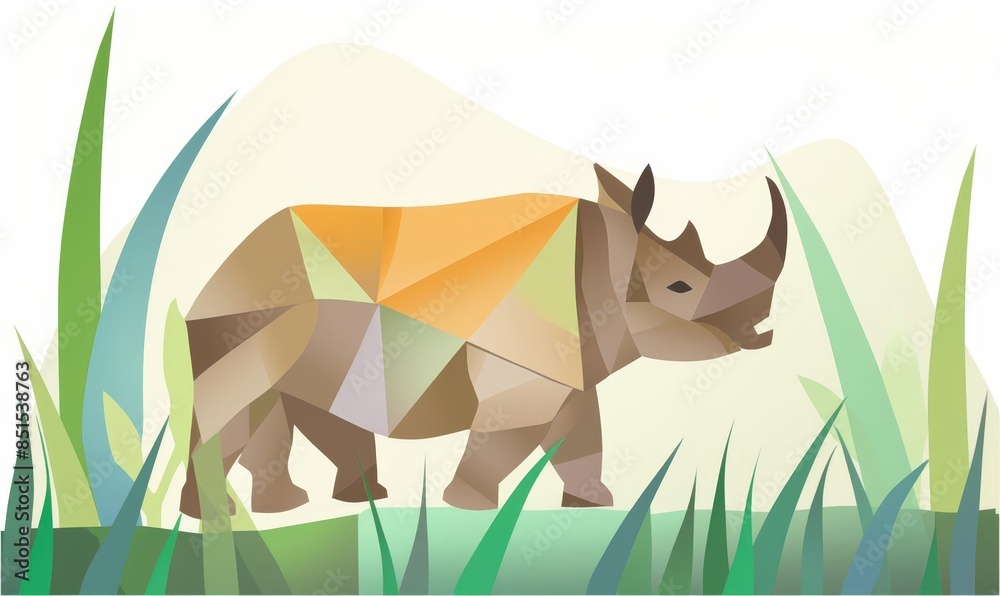 Rhinoceros paper craft flat design side view safari theme water color ...