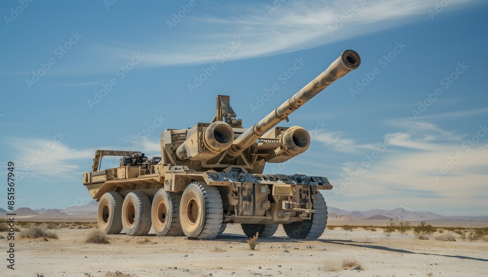 A large, mobile anti-aircraft gun with wheels and tracks on the desert ...