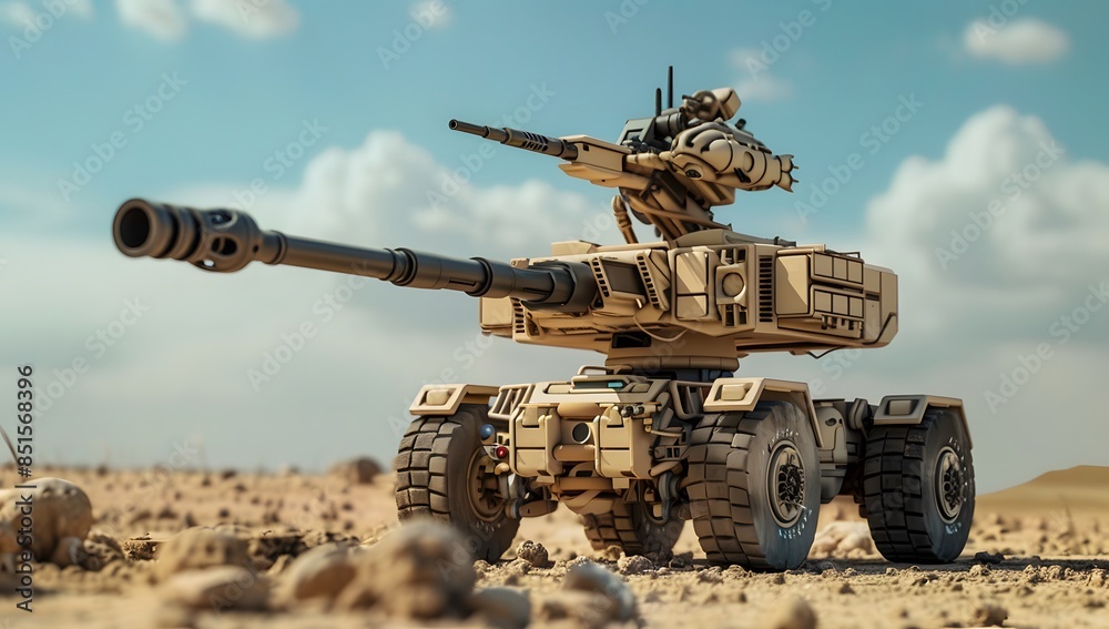 A large, mobile anti-aircraft gun with wheels and tracks on the desert ...