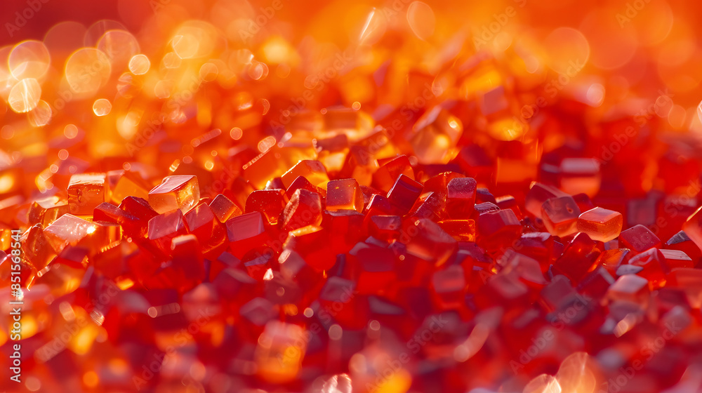 Plastik Granulat in orange, Ein Haufen mit Kunststoffgranulat, PA6, ASA ...