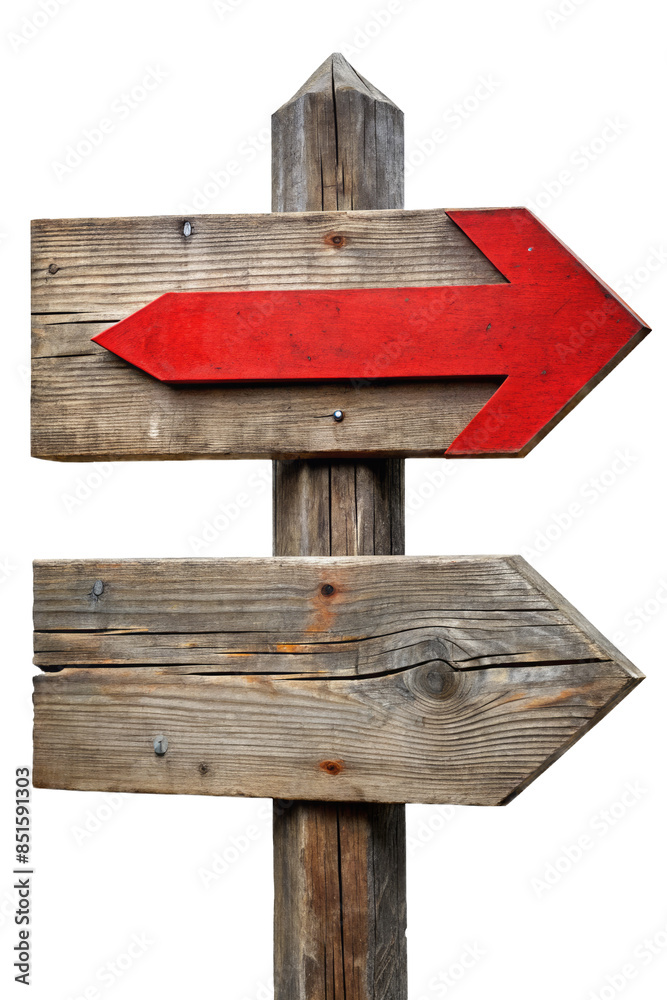 Two Rustic Wooden Arrow Road Signs with Red Point, Isolated on White ...