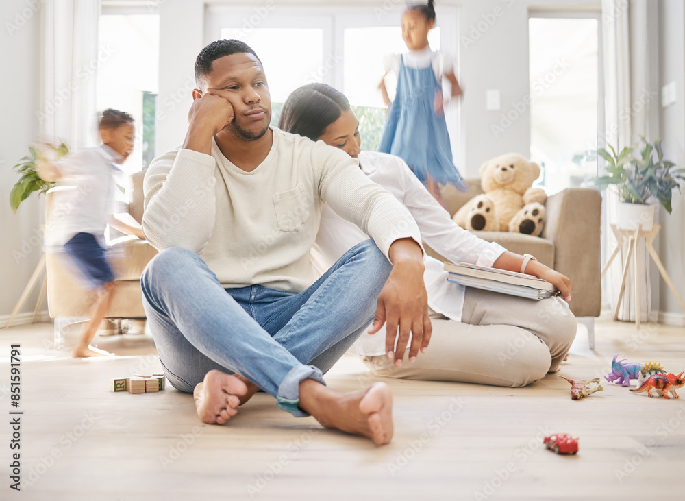 Tired, parents and kids playing, chaos and family in apartment, energy ...